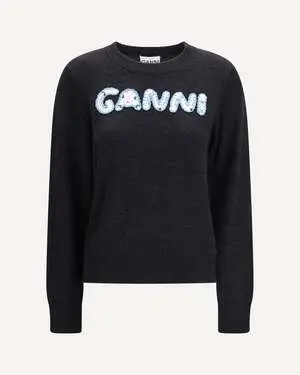 GANNI Crochet Appliqué Merino Wool Sweater