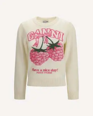 GANNI Crewneck Sweater With Raspberry Print