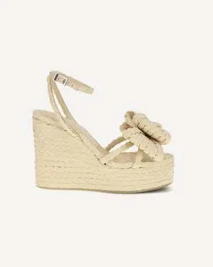 Mach & Mach Le Cadeau Raffia Wedge Sandals With Bow Detail - Beige