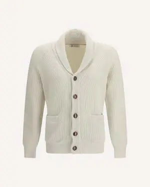 Brunello Cucinelli Ribbed Shawl Collar Cardigan - Cream