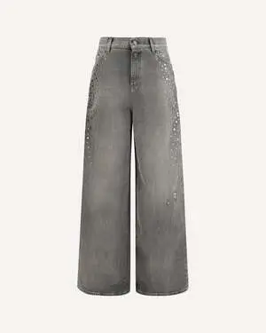 GOLDEN GOOSE Melody Stud Embellished Wide Leg Jeans - Grey
