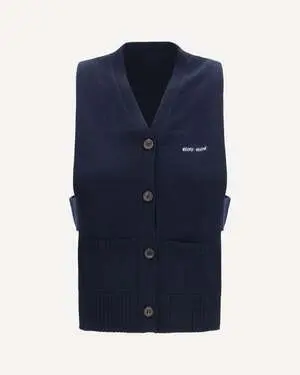 Miu Miu Cashmere V-neck Cardigan Vest With Intarsia Logo - Blue