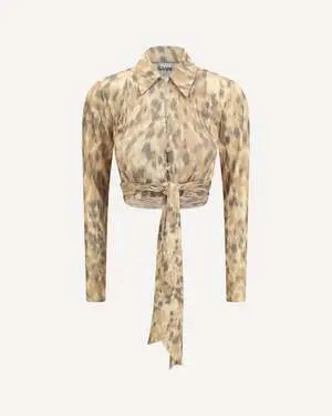 GANNI Printed Marl Mesh Tie Blouse
