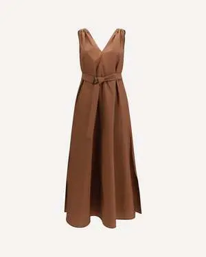 Brunello Cucinelli Cotton Poplin Dress With Decorative Shoulder Detail - Brown