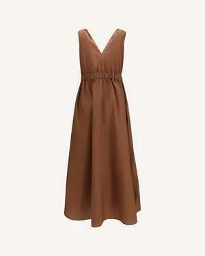Brunello Cucinelli Cotton Poplin Dress With Decorative Shoulder Detail - Brown