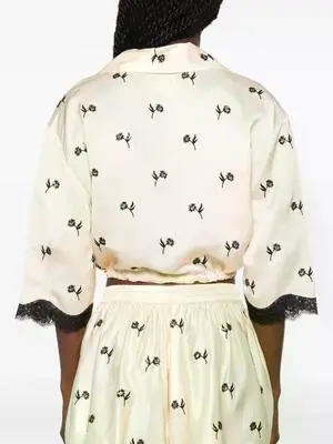 Sandro Cropped Floral Embroidered Shirt With Lace Cuffs