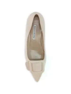 Manolo Blahnik Beige Suede Buckle Detail Pointed Toe Pumps