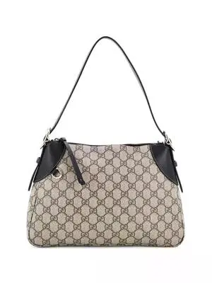 Gucci Emblem Gg Coated Canvas With Leather Shoulder Bag - Black