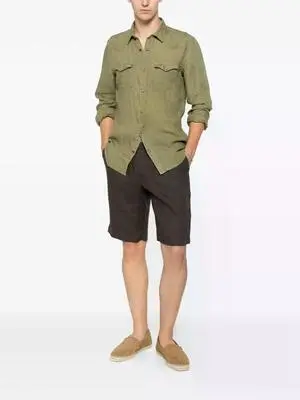 ALLEY DOCKS 963 Chocolate Linen Drawstring Waist Pleated Shorts - Brown