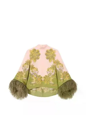 La DoubleJ Swathe Placed Silk Twill Top With Feather Trim - Pink