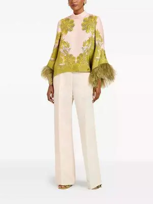La DoubleJ Swathe Placed Silk Twill Top With Feather Trim