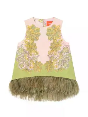 La DoubleJ Swathe" Botanical Print Cotton Top With Feather Trim