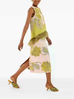 La DoubleJ Swathe" Botanical Print Cotton Top With Feather Trim