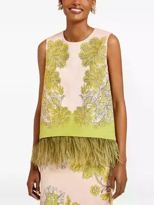 La DoubleJ Swathe" Botanical Print Cotton Top With Feather Trim
