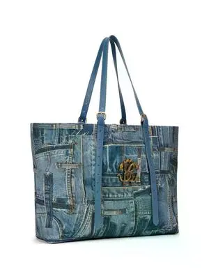 Roberto Cavalli Snake Monogram Patchwork Tote Bag - Blue