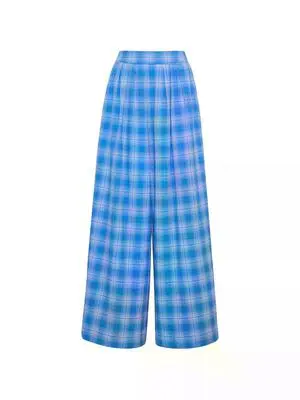 Cara Cara Plaid Pattern Pleated Wide-leg Cotton Trousers - Blue