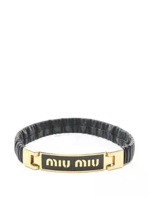 Miu Miu Logo Plaque Ruched Leather Bracelet
