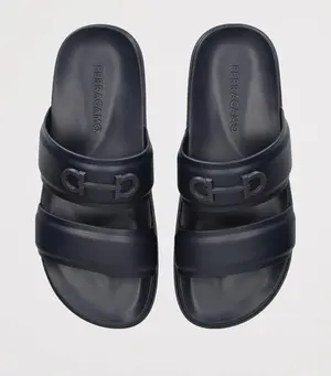 FERRAGAMO Leather Gancini Slides - Navy