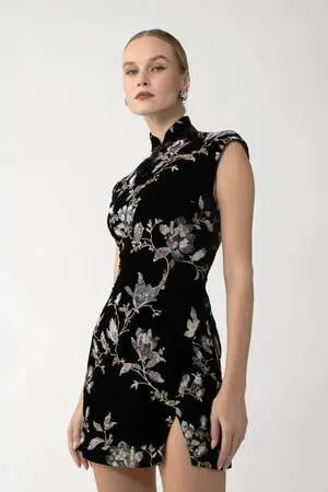 SAU LEE Devon Velvet Mini Dress With Embroidered Florals