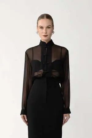 SAU LEE Fallon Silk Chiffon Shirt With Mandarin Collar And Pipa Knots