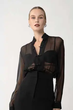 SAU LEE Fallon Silk Chiffon Shirt With Mandarin Collar And Pipa Knots