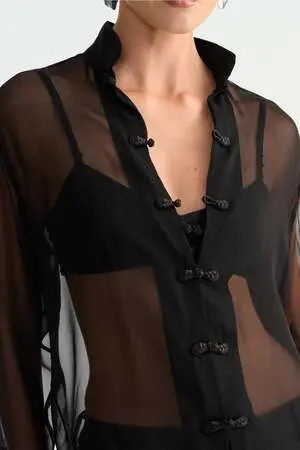 SAU LEE Fallon Silk Chiffon Shirt With Mandarin Collar And Pipa Knots