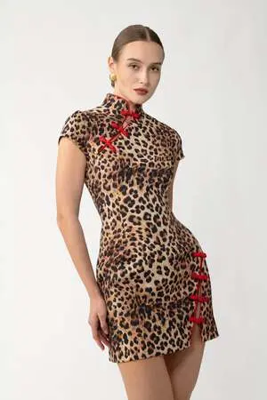 SAU LEE Print Mandarin Collar Mini Dress