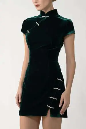 SAU LEE Velvet Mini Dress With Mandarin Collar And Crystal Details