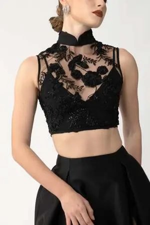 SAU LEE Skye Sheer Beaded Floral Sequin Mandarin Collar Top