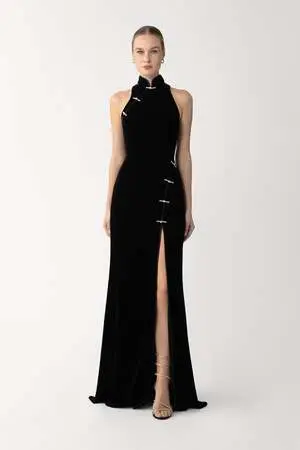 SAU LEE Ariana Velvet Gown With Mandarin Collar And Thigh-high Slit