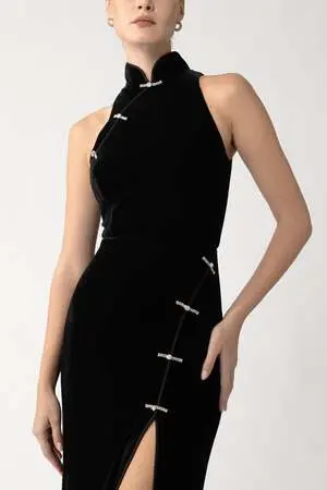 SAU LEE Ariana Velvet Gown With Mandarin Collar And Thigh-high Slit