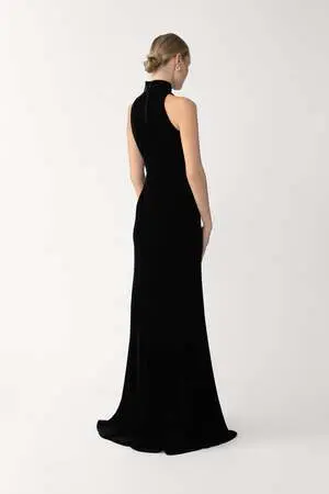 SAU LEE Ariana Velvet Gown With Mandarin Collar And Thigh-high Slit