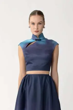 SAU LEE Mai Mandarin Collar Knot Detail Cropped Satin Top