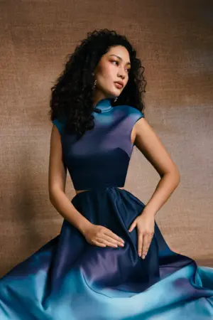 SAU LEE Mai Mandarin Collar Knot Detail Cropped Satin Top