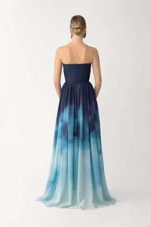 SAU LEE Camille Strapless Chiffon Maxi Gown - Blue Multi