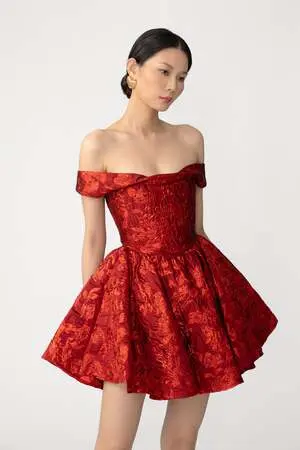 SAU LEE Jem Brocade Off-shoulder Mini Dress