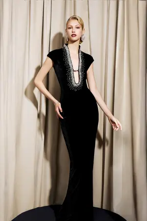 SAU LEE Lenora Velvet Gown With Embellished Plunge