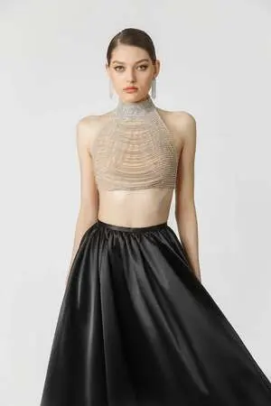 SAU LEE Zahara Halterneck Top With Hand-stitched Crystals