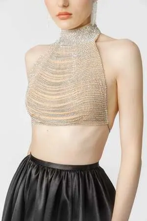 SAU LEE Zahara Halterneck Top With Hand-stitched Crystals