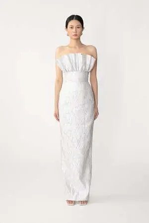 SAU LEE Strapless Jacquard Gown With Ruffle Detail - Silver