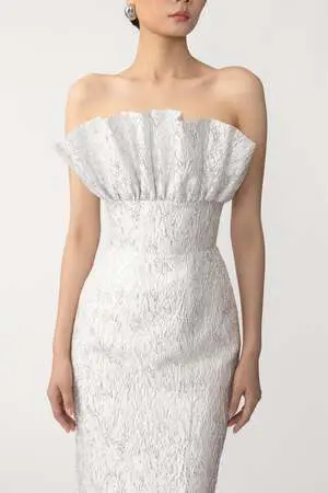 SAU LEE Strapless Jacquard Gown With Ruffle Detail - Silver