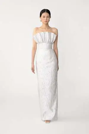 SAU LEE Strapless Jacquard Gown With Ruffle Detail - Silver