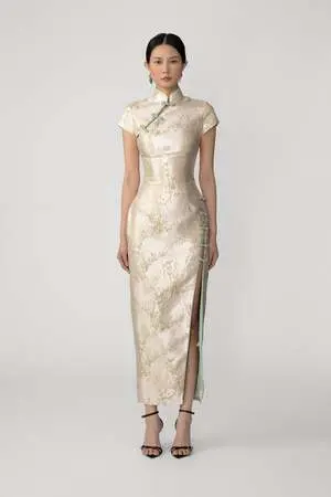 SAU LEE Josephine Jacquard Midi Dress - Silver Mint
