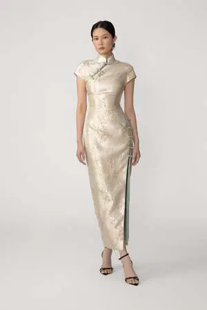 SAU LEE Josephine Jacquard Midi Dress - Silver Mint