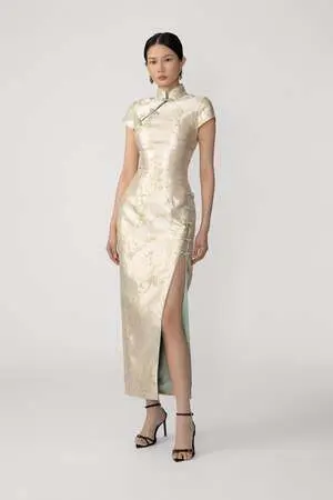 SAU LEE Josephine Jacquard Midi Dress - Silver Mint
