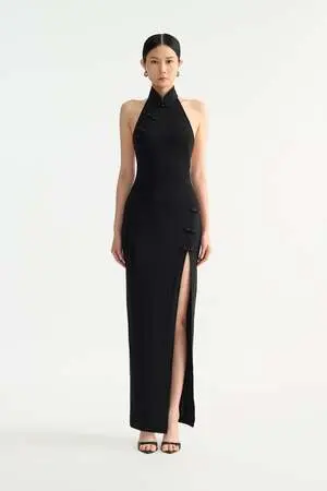 SAU LEE Desiree Maxi Dress With Mandarin Collar And Thigh-high Slit - Black