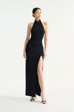 SAU LEE Desiree Maxi Dress With Mandarin Collar And Thigh-high Slit - Black