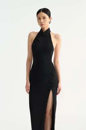 SAU LEE Desiree Maxi Dress With Mandarin Collar And Thigh-high Slit - Black