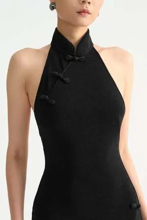 SAU LEE Desiree Maxi Dress With Mandarin Collar And Thigh-high Slit - Black
