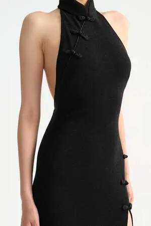 SAU LEE Desiree Maxi Dress With Mandarin Collar And Thigh-high Slit - Black